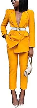 Minetom Tailleur Femme 2 Pièces Elegant Slim Fit Blazer Veste Formel Bureau Travail Pantalon Costumes B Jaune 44