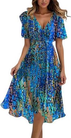 Generic Robe dinvité de mariage, robe longue en mousseline de soie à imprimé floral bohème avec col en V noué à la taille, robe de cocktail, fête, occasion fo