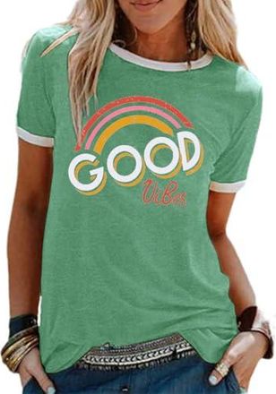 Heekpek T-Shirt Femme &Eacute;t&eacute; Chemisier Chic T-Shirts Blouse Col Rond Tops Manches Courtes T Shirt Grande Taille Coton T Shirt Imprim&eacute;, V Vert, S