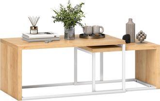 HOMCOM 2er Set Couchtische, Moderner Schachteltisch, Beistelltische, Metallgestell, für Wohnzimmer, Schlafzimmer, Groß 90x48x42 cm und Klein 59x42x36 cm, Nat