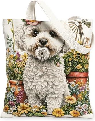 Generic Sac fourre-tout en toile r&eacute;utilisable avec motif de chien bichon fris&eacute; printanier 33 x 38,1 cm, sac d&eacute;picerie r&eacute;utilisable pour femme, ferme, animal d