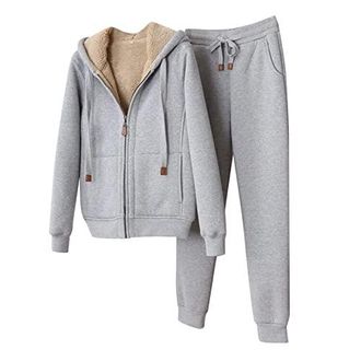 Generic Survêtement Femme Ensemble Doublée De Fourrure Manteau Zippé Sweat À Capuche Jogging Automne Hiver Tenue De Sport 2 Pièce Suit