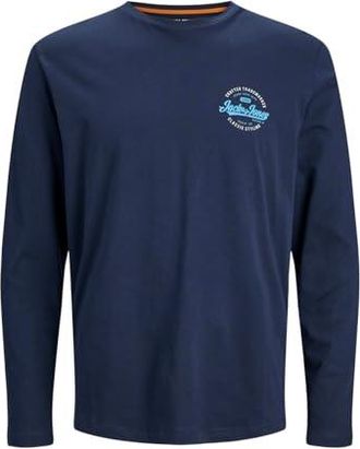 Jack & Jones Jack & Jones Jjmikk Tee Ls Crew Neck T-Shirt &agrave; Manches Longues pour Homme, Bleu Marine/imprim&eacute; : Taille S, S