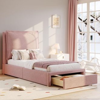 Liberte Lit simple - lit enfant 90 x 200 cm - avec sommier &agrave; lattes - t&ecirc;te de lit et grand espace de rangement-chenille-rose