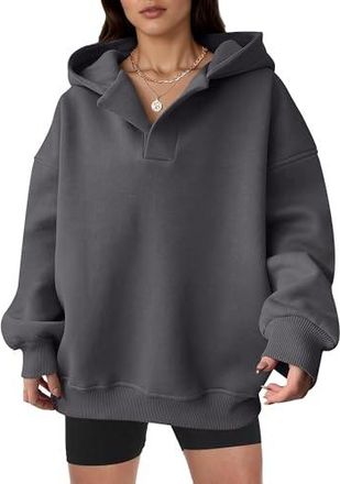 Generic Sweat &agrave; capuche surdimensionn&eacute; &agrave; col en V pour femme - Pull en polaire &agrave; manches longues - V&ecirc;tements Y2K - Tenue tendance automne 2025, gris, XXL