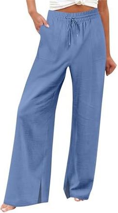 Generic Pantalon d&eacute;t&eacute; en lin pour femme - Long - L&eacute;ger et a&eacute;r&eacute; - Pantalon en lin &eacute;lastique - Taille haute - Pantalon de loisirs - Couleur unie - Confortable -