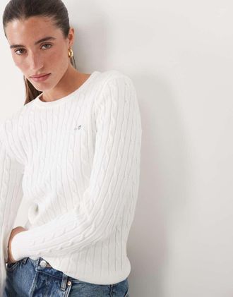 GANT pull en maille torsad&eacute;e en coton stretch blanc cass&eacute;