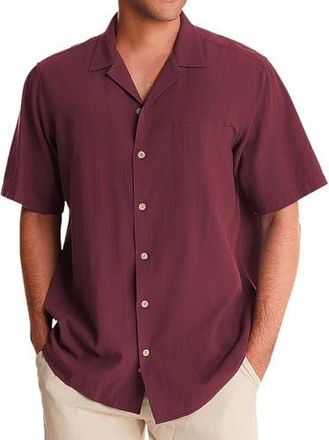Generic Chemise de plage décontractée à manches courtes pour homme - Couleur unie - Bouton tendance - Col cubain - Chemise unie à manches courtes, bordeaux, X
