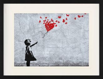 1art1 Mädchen Poster Mädchen Mit Luftballon Und Schmetterlingen, Banksy-Style Gerahmtes Bild Mit Edlem Passepartout | Wand-Bilder | Im Bilderrahmen 80x60 cm