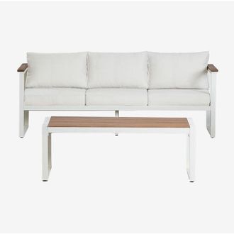 Sklum Lipov Gartenset mit 3-Sitzer-Sofa und Couchtisch aus Aluminium und Akazienholz 110x55cm Gardenia Wei&szlig; - Sklum