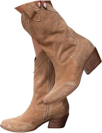 Generic Bottes de cowgirl pour femme - Bottes de cowboy à hauteur du genou - Bottes de cowboy à mollet large - En daim - À enfiler - Talon épais - Bout pointu