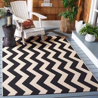 Safavieh Tapis géométrique pour Salon, Salle à manger, Chambre à coucher - Courtyard Collection, Tapis à poil court, Noir et beige, 160 X 231 cm