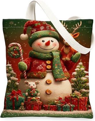 Generic Sacs fourre-tout en toile motif bonhomme de neige de No&euml;l, sacs d&eacute;picerie r&eacute;utilisables, vintage, l&eacute;gers et lavables pour voyage, shopping, 33 x 38 cm