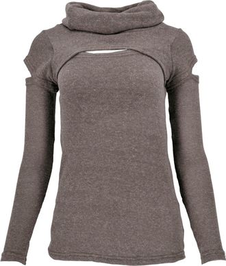 Guru Shop Psytrance Feinstrick Langarmshirt mit Offenen Schultern, Rollkragen - Cappuccino, Damen, Baumwolle, Size:L