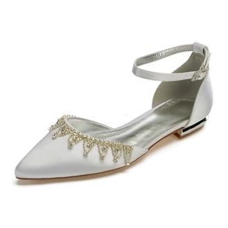 Generic Satin Chaussures De Mariage Mari&eacute;e Bout Pointu &Eacute;t&eacute; Plates Mariage Soir&eacute;e Chaussures Femmes 2Cm,Ivoire,38 EU