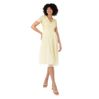 Maya Damen Embellished Midi Evening Dress for Women Ladies V Neckline with Short Sleeve for Prom Wedding Brautjungfernkleid, Lemon