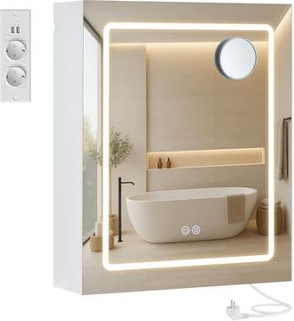 Vasagle Kailyn Collection - Armoire Murale Salle de Bain avec Miroir, avec LED, Multiprise, Fonction Anti-bu&eacute;e, Miroir Grossissant 10x, Style Moderne, 16,5 x 