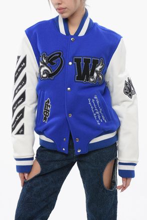 Off-white Padded Bomber ROYAL with Leather Sleeves and All-Over Patch Off-White