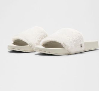 lululemon Restfeel Slide mit Kunstfellriemen f&uuml;r Frauen - Gr&ouml;&szlig;e 10 in Bone/Silver