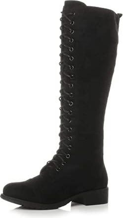Ajvani Femmes talon bas hauteur du genou mollet armée lacer bottes militaires pointure Daim noir 4 37
