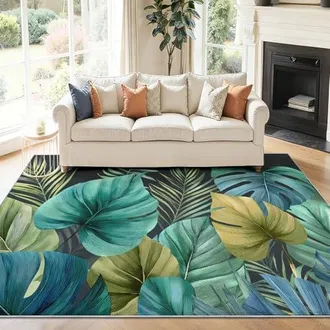 Generic Tapis Rond Salon 140 x 200 cm, Lavable Antid&eacute;rapant Tapis, Aquarelle Tropical Plantes Feuilles De Palmier Imprim&eacute; Carpette pour la Chambre la Salle &agrave; 