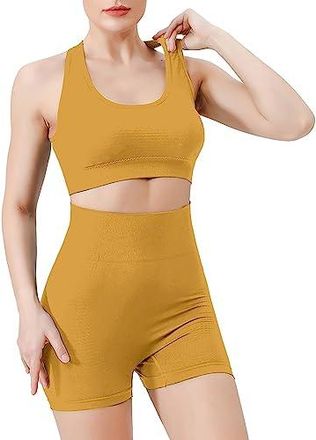 Generic Tenue de yoga pour femme 2 pièces, sans couture, legging taille haute et soutien-gorge de sport, ensemble dexercices de yoga, jaune, taille unique