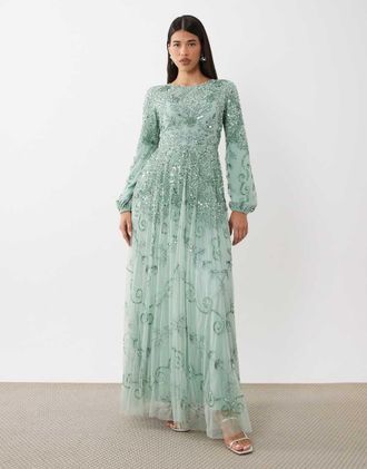 Beauut Robe longue en tulle orn&eacute;e de perles &agrave; manches ballon - Vert sauge