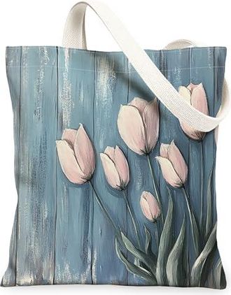 Generic Sac fourre-tout en toile de tulipe printani&egrave;re pour faire du shopping, 33 x 38,1 cm, motif floral rustique, r&eacute;utilisable, sac d&eacute;picerie pour femme, pe