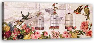 Feeby Vlies Leinwandbild Abstraktion Vögel Käfige Rosen 90x30 cm Wand Bild Kunstdruck Deko Wohnzimmer Wohnungs Deko Blumen Pflanzen Geschenkkorb mehrfarbig