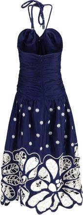 Farm Rio Womens Richelieu Embroidered Midi Dress Dark Blue Cotton