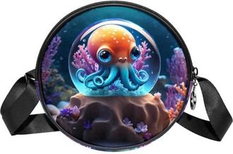 Generic Petit sac &agrave; bandouli&egrave;re rond pour femme, motif pieuvre boule de cristal avec fermeture &eacute;clair, bretelles r&eacute;glables, sac &agrave; main rond d&eacute;contract&eacute; pour f
