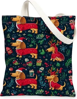 Generic Sacs fourre-tout en toile &agrave; motif de chien de No&euml;l, sacs d&eacute;picerie r&eacute;utilisables, l&eacute;gers et lavables avec bandouli&egrave;re Ca, Rouge, 13x15 Inch