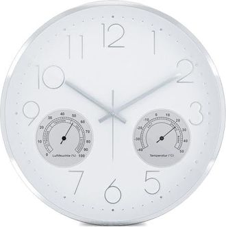 Mebus große Quarz-Wanduhr mit Thermo- und Hygrometer I Leisegangwerk I ohne Geräusch I präzises Uhrwerk I hochwertiger Aluminiumrahmen I 3D Ziffern verchrom