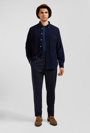 Eden Park Chemise En Velours C&ocirc;tel&eacute; Uni Marine Col Boutonn&eacute; Et Poche Poitrine Coupe Regular