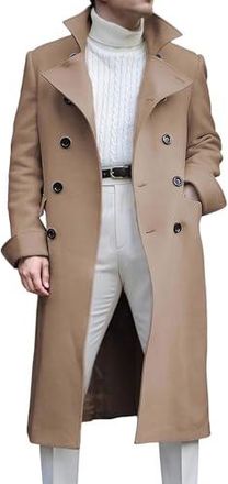 Generic Trench long &agrave; revers crant&eacute; pour homme, double boutonnage, m&eacute;lange thermique, manteau classique long pour homme, kaki, 4XL