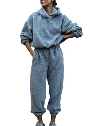 Generic Tenue 2 pi&egrave;ces en polaire pour femme, coupe d&eacute;contract&eacute;e, chandail &agrave; capuche et pantalon de surv&ecirc;tement long, ensemble de jogging avec poches, bleu, t