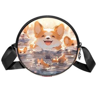 Generic Petit sac &agrave; bandouli&egrave;re Circle pour femme, petit sac &agrave; bandouli&egrave;re Corgi avec fermeture &eacute;clair, bretelles r&eacute;glables, sac &agrave; main rond d&eacute;contract&eacute; pour 