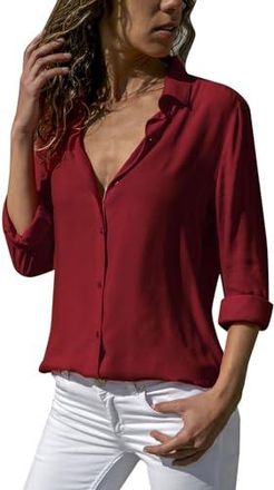 Generic Mes Commandes HUIFUAO Chemises Blanches à col en V pour Femmes, Chemises dété de Couleur Unie, Hauts à Manches Longues, Chemisier Basique Noir élégant