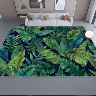 Generic Bleu Fonc&eacute; Tapis de Salon Chambre, Tropical Jungle Exotique Plantes Lavable en Machine Super Doux Antid&eacute;rapant Tapis 120 x 180 cm - Poils Ras Doux pou