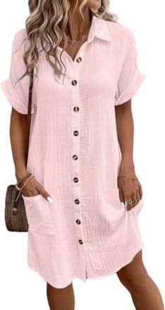 Generic Robe chemise d&eacute;t&eacute; en coton pour femme, manches courtes, boutonn&eacute;e, longueur genou, mini robe d&eacute;contract&eacute;e ample avec poches, rose, 3XL