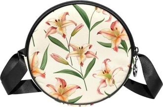 Generic Petit sac &agrave; bandouli&egrave;re rond pour femme, motif fleurs de lys avec fermeture &eacute;clair, bretelles r&eacute;glables, sac &agrave; main rond d&eacute;contract&eacute; pour femmes et fi