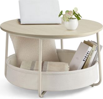 Vasagle Couchtisch rund, Tisch mit Stauraum, Beistelltisch, Wohnzimmertisch mit Korb aus Stoff, modern, Metallrahmen, naturbeige-cremewei&szlig; LCT244K01