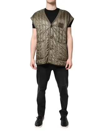 Dolce & Gabbana Mens Brown Logo Plaque Quilted Vest Jacket Nylon Clothing