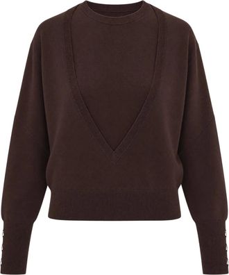 Patrizia Pepe Pull &agrave; col en V superposable - Femme - Pulls - Brun - Taille: 38 FR