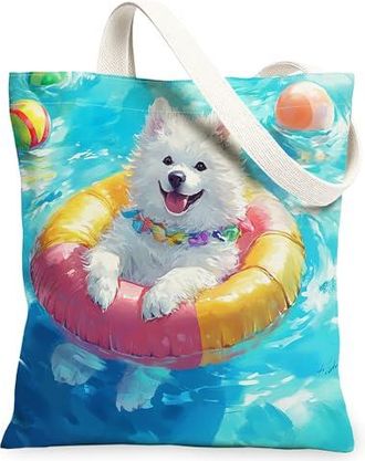 Generic Sac fourre-tout amusant en toile motif chien samoy&egrave;de pour faire du shopping, 33 x 38,1 cm, sac &agrave; bandouli&egrave;re r&eacute;utilisable pour femme, peinture danima