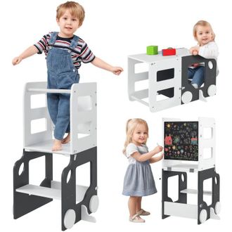 HOMCOM Tour dobservation enfant 4 en 1, tour dapprentissage, hauts rebords de s&eacute;curit&eacute;, tableau noir/blanc, 58x46x92cm, gris-Blanc