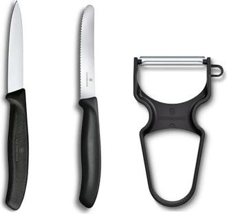 Victorinox by Swiss Army Swiss Classic Gemüsemesser-Set, 3-teilig, Inkl. Tomatenmesser Wellenschliff, Gemüsemesser und Sparschäler, Spülmaschinengeeignet, schwarz
