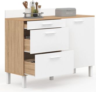 IDMarket Buffet bas de cuisine 120 cm casserolier cina plan de travail H.83 cm 1 porte + 3 tiroirs fa&ccedil;on h&ecirc;tre et blanc