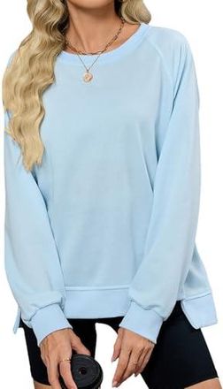 Generic Chandail surdimensionn&eacute; &agrave; col ras du cou pour femmes, chandail &agrave; manches longues, chandail d&eacute;contract&eacute; et tendance, tenue de printemps et dautomne, bl