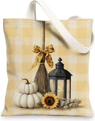 Generic Sacs fourre-tout vintage en toile rustique, motif citrouille dautomne et tournesol, sacs dépicerie réutilisables, légers et lavables à lépaule, Jaune,